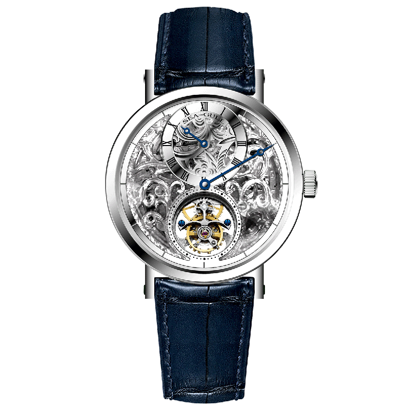 Seagull Eccentric Tourbillon Hand-Chased Engraving Vine-Patterned Dial Skeleton Regulator Manual ...